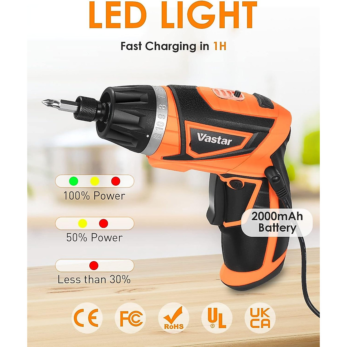 Vastar 7.2V Cordless Screwdriver, Electric Power Screwdriver Set With Rechargeable Battery & Pivoting Handle, 320RPM/10+1 Torque Small Automatic Screw driver Kit with 47Pcs Bits/LED Front Light