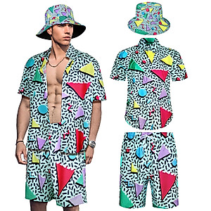 Geosar Men's 2 Pcs 80s 90s Outfit for Men Hippie Shirts and Shorts Set with Hat Neon Disco Halloween Party Costume Clothes(Vintage Color,Large)