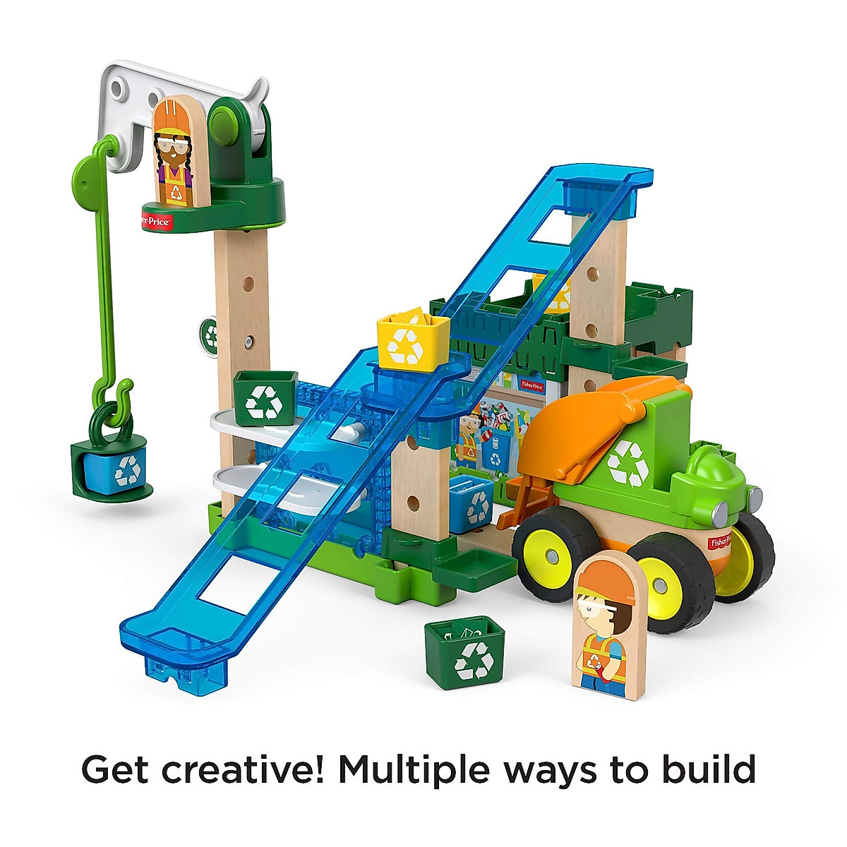 Fisher-Price Wooden Building Toy Wonder Makers Design System Lift & Sort Recycling Center, 35 Wood Piece Playset for Preschool Kids Ages 3+ Years