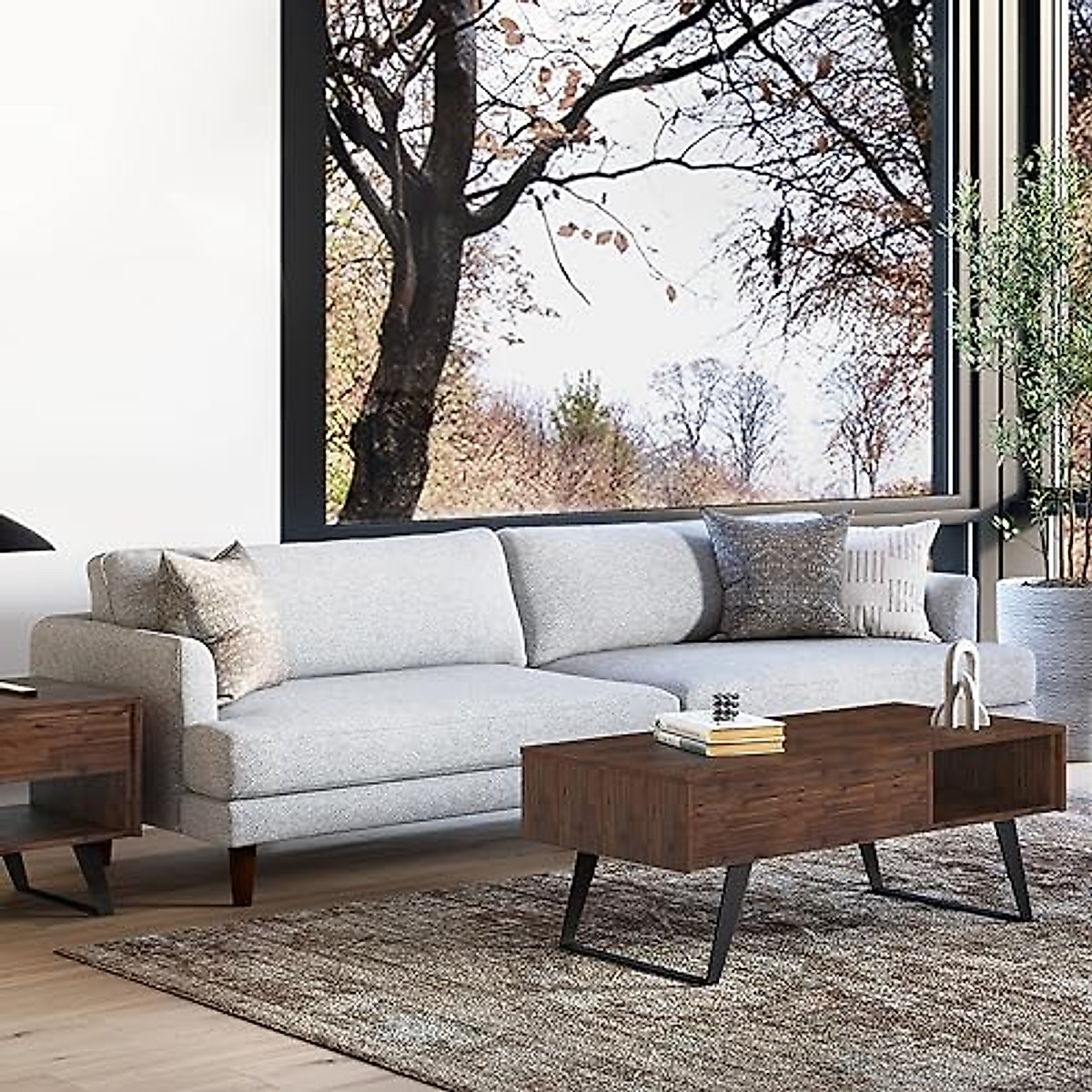 SIMPLIHOME Livingston Mid-Century Modern 90 Inch Wide Sofa in Mist Grey Woven-Blend Fabric, For the Living Room and Family Room