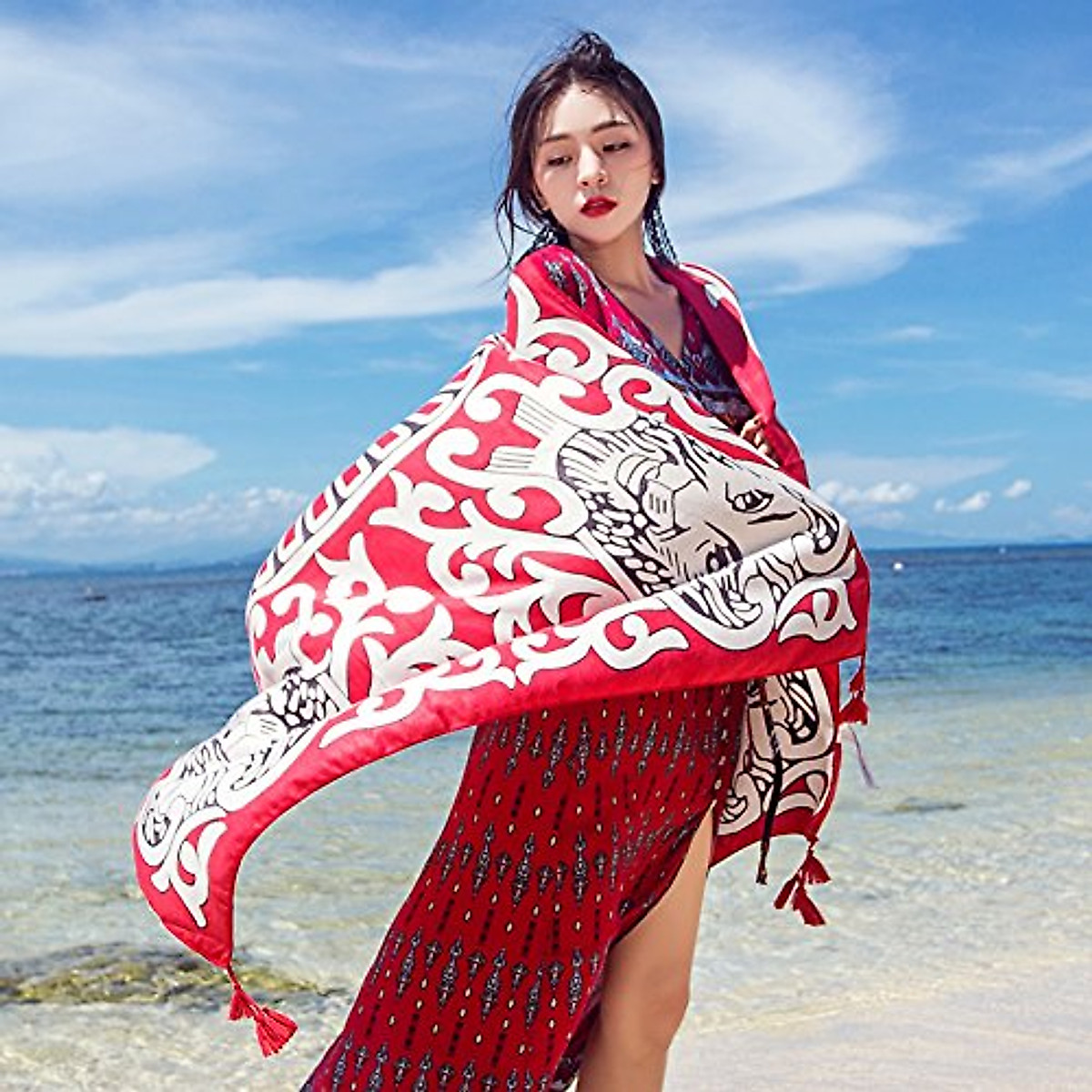 SUNBABY Women Boho Shawl Beach Towels Rectangle Polyester Scarf Travel Sarong Wrap Swimwear Cover Up Beach Mats (Red Lion)