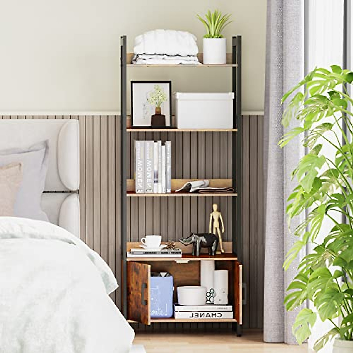 Furologee Bookshelf and Bookcase with Doors, Tall 61" Free Standing Display Shelving Units with 4-Tier Shelves, Industrial Storage Cabinet for Home Office, Living Room, Bedroom, Bathroom, Rustic Brown