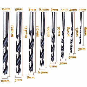 KEWAYO 8PCS Brad Point Drill Bits 3 to 10mm Spiral Twist Wood Drill Bits Set for Soft, Drill Bit Set, Brad Point, Black