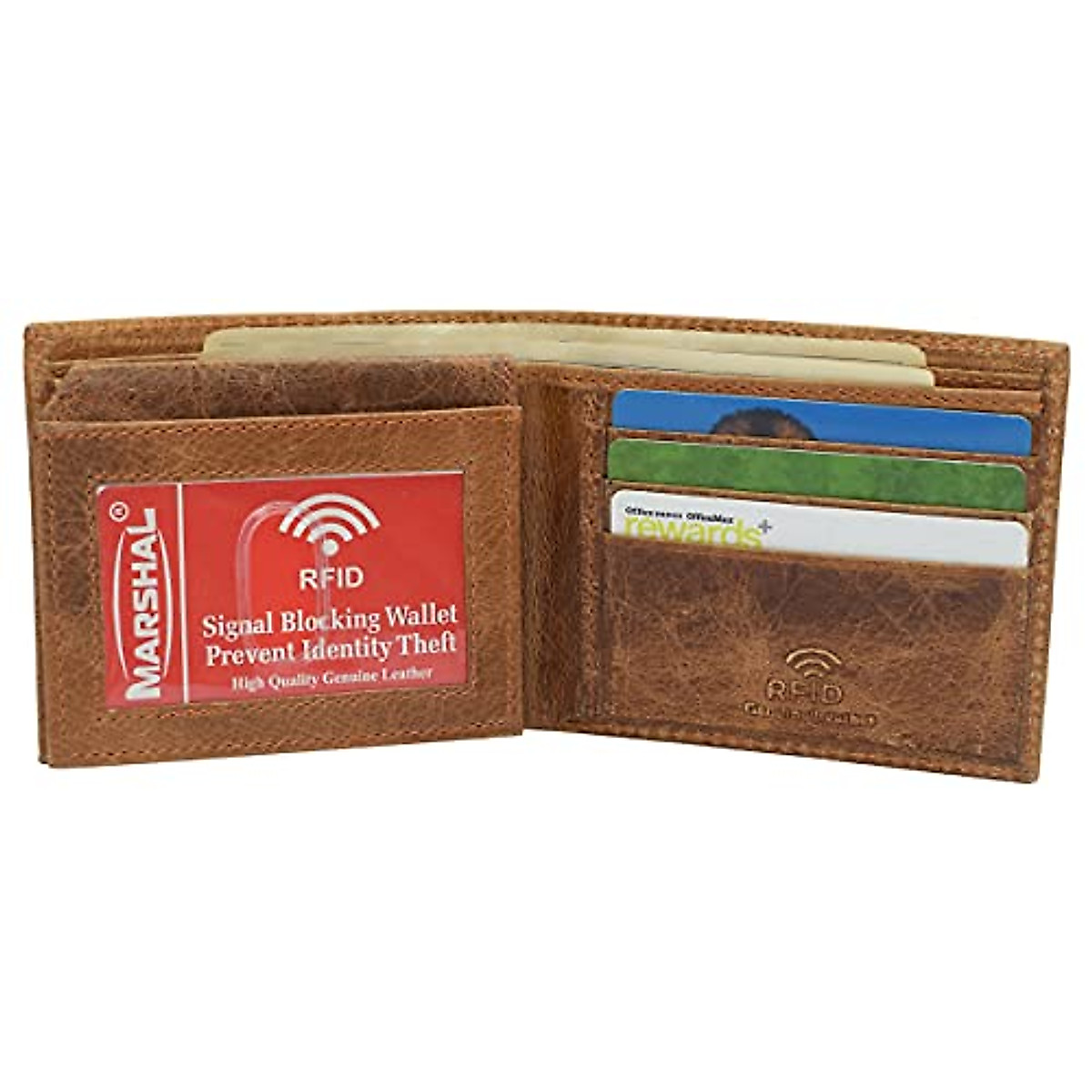 MARSHAL RFID Blocking Genuine Leather Men's Bifold Eagle USA Flag Wallet Gift (Brown)