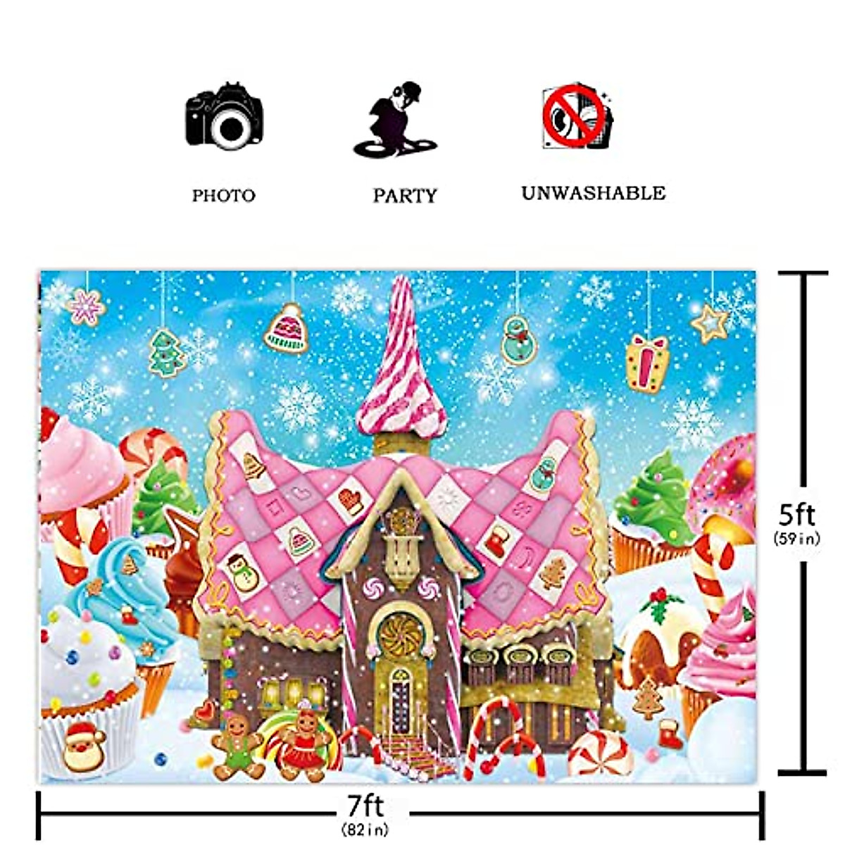 Funnytree 82" x 59" Gingerbread House Backdrop for Photography Pictures Winter Merry Christmas Xmas Land Cookies Exchange Candyland Baby Shower Birthday Party Supplies Decorations Banner Background