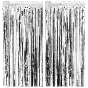 Fannev 2 Pack Silver Foil Fringe Curtain Back Drop, 3.3X 8.2Ft Metallic Tinsel Foil Fringe Streamer Curtains for Party Photo Booth Props Bachelorette Birthday Bridal Shower Christmas Decorations