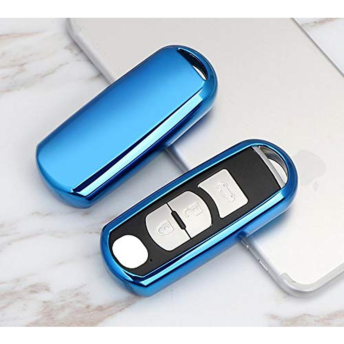 Xotic Tech Blue Soft TPU Key Fob Shell Skin Cover, Compatible with Mazda 3 5 6 8 CX-30 CX3 CX5 CX7 CX9 MX5 Miata Smart Keyless Entry Key