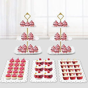 PinCute 5 Pcs Dessert Table Display Set - 2 X Cupcake Stand Holder/Cup Cake Tier Tower & 3 X Serving Tray Combo for Tea Party, Birthday, Baby Shower (Wave Square)