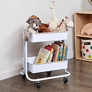 ECR4Kids 2-Tier Metal Rolling Utility Cart - Under Desk Office Storage, Multipurpose Mobile Organizer, White
