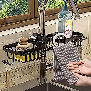 FWEHIO Faucet Sponge Holder with Hook Soap Dishcloth Hanger Brush Sink Caddy Drain Rack Space Aluminum Soap Sponge Brush Scrubber Sink Caddy Organizer (Double, Black)