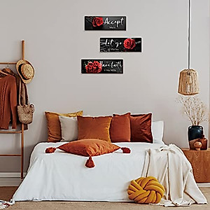 3 Pcs Red Decor Flower Inspirational Wooden Wall Art Red Roses Decor Office Wall Decor with Accept Let Go Have Faith Positive Quotes for Girl Women Bathroom Living Room Bedroom(Red Rose12 x 4 Inch)
