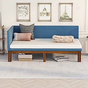 Merax, Blue Upholstered Daybed/Sofa Frame/Wood Floor Linen Cover Mattress/Futon Sleeper Beds, Twin Size