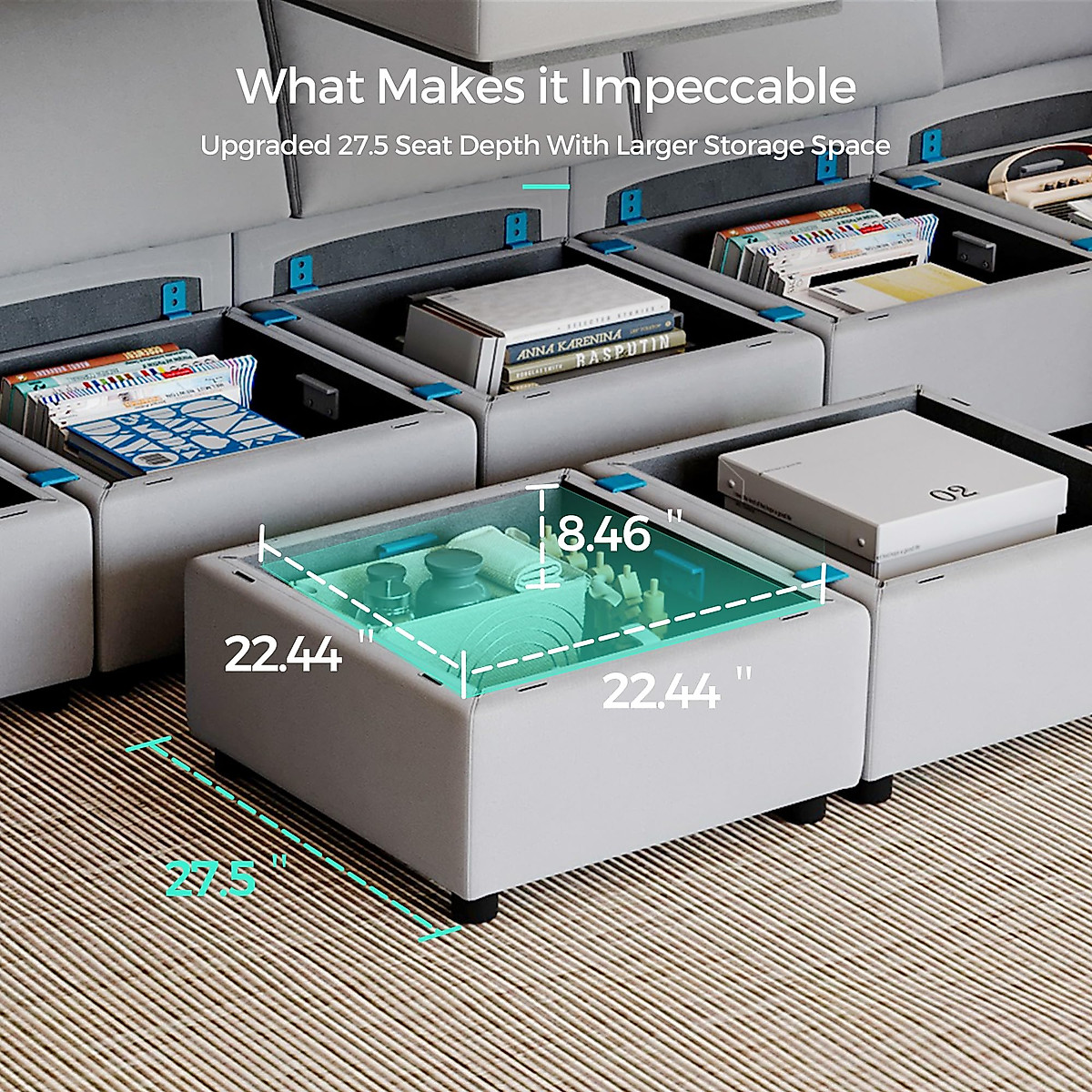 LINSY HOME Rubik III Modular Sofa Sectional Couch with Storage Ottoman, Convertible L Shaped Couch, 5 Seat Sleeper Sofa for Living Room, Apartment, Lounge, Light Grey