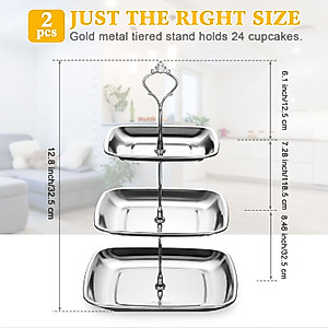 Gerrii 2 Pcs Metal 3 Tiered Cupcake Stand Cake Stand Pastry Stand 3 Tiered Stainless Steel Cup Cake Dessert Stand Serving Tray for Wedding Birthday Party (Silver)