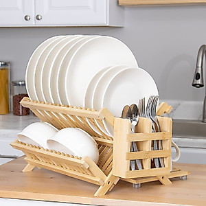 JOEY'Z Bamboo Dish Rack, Collapsible Dish Drying Rack for Kitchen Counter 3 Tier Kitchen Drying Rack (Dishrack with Utensil Holder)