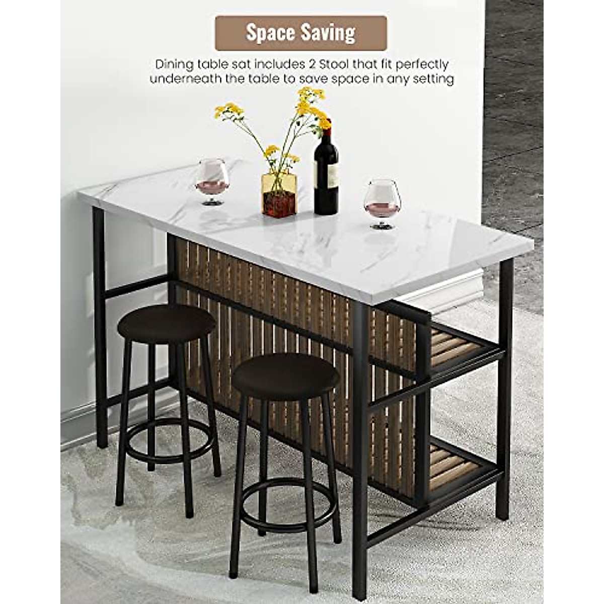 AWQM 3 Piece Bar Table Set,Kitchen Island Table with Storage and Seating Counter Bar Table Table and Chairs Set with Shelves,Faux Marble Dining Table Set for 2,Kitchen Table Set for Small Space,White