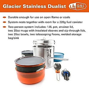 GSI Outdoors Glacier Stainless Dualist Backcountry Mess Kit I 2-Person Camping or Backpacking Cookware Set