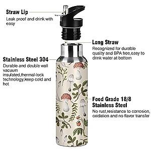 Kigai Mushroom Pattern Stainless Steel Sports Water Bottle BPA-Free Vacuum Insulated Leakproof Wide Mouth Flask with Straw Lid Keeps Liquids Cold or Hot for Gym Travel Camping