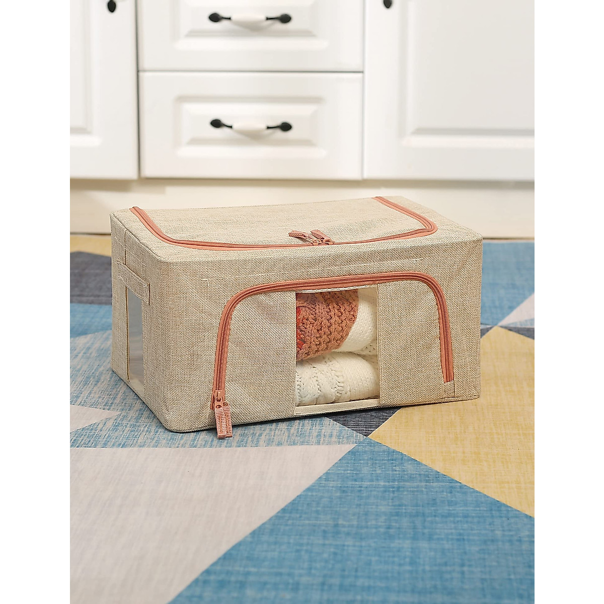 Foldable Clothes Storage Bags with Large capacity, Strong Metal Frame Support, Cotton linen, Cream-colored, BlueGift