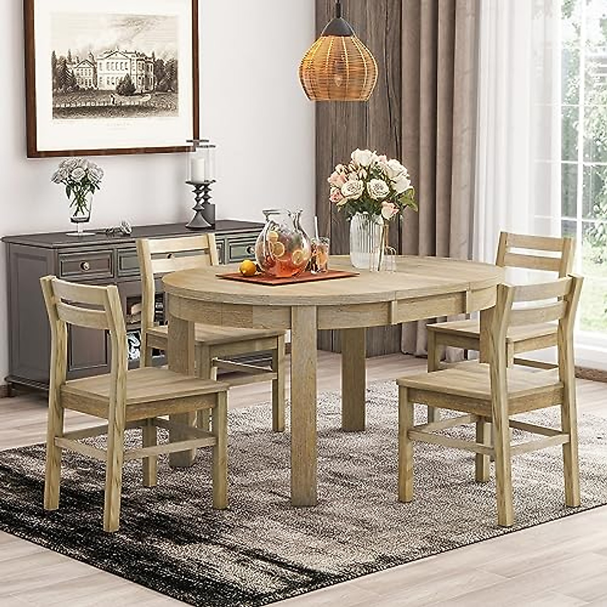 Lonfencr Round Dining Table Set for 4, Circle or Oval Extendable Table with 4 Dining Chairs,5 Piece Kitchen Table Set with Drawer, Dining Room Set for Apartment,Bistros and Farmhouse,Natural