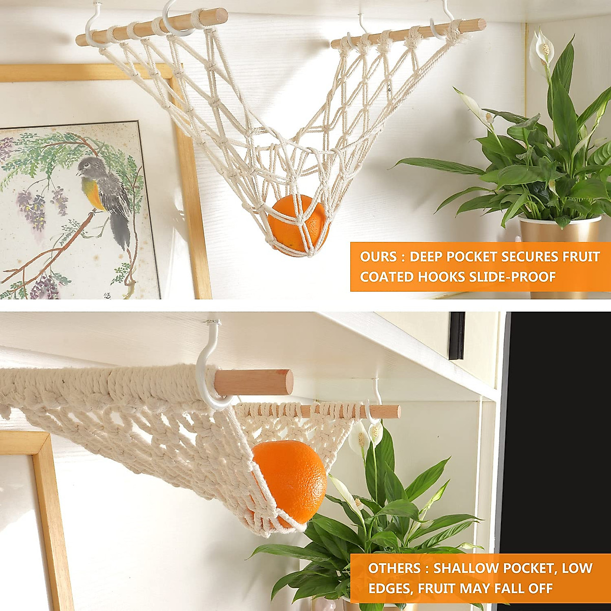 Evbopa Hanging Fruit Hammock for Kitchen Under Cabinet Macrame Fruit Basket for Bananas Fruit Storage with Hooks for Kitchen Décor