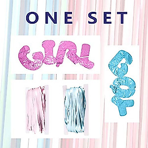 Gender Reveal Decoration Set - Metallic Fringe Curtains + BOY Girl Foil Balloons Gender Reveals Party Photo Backdrop (Pink/Blue)