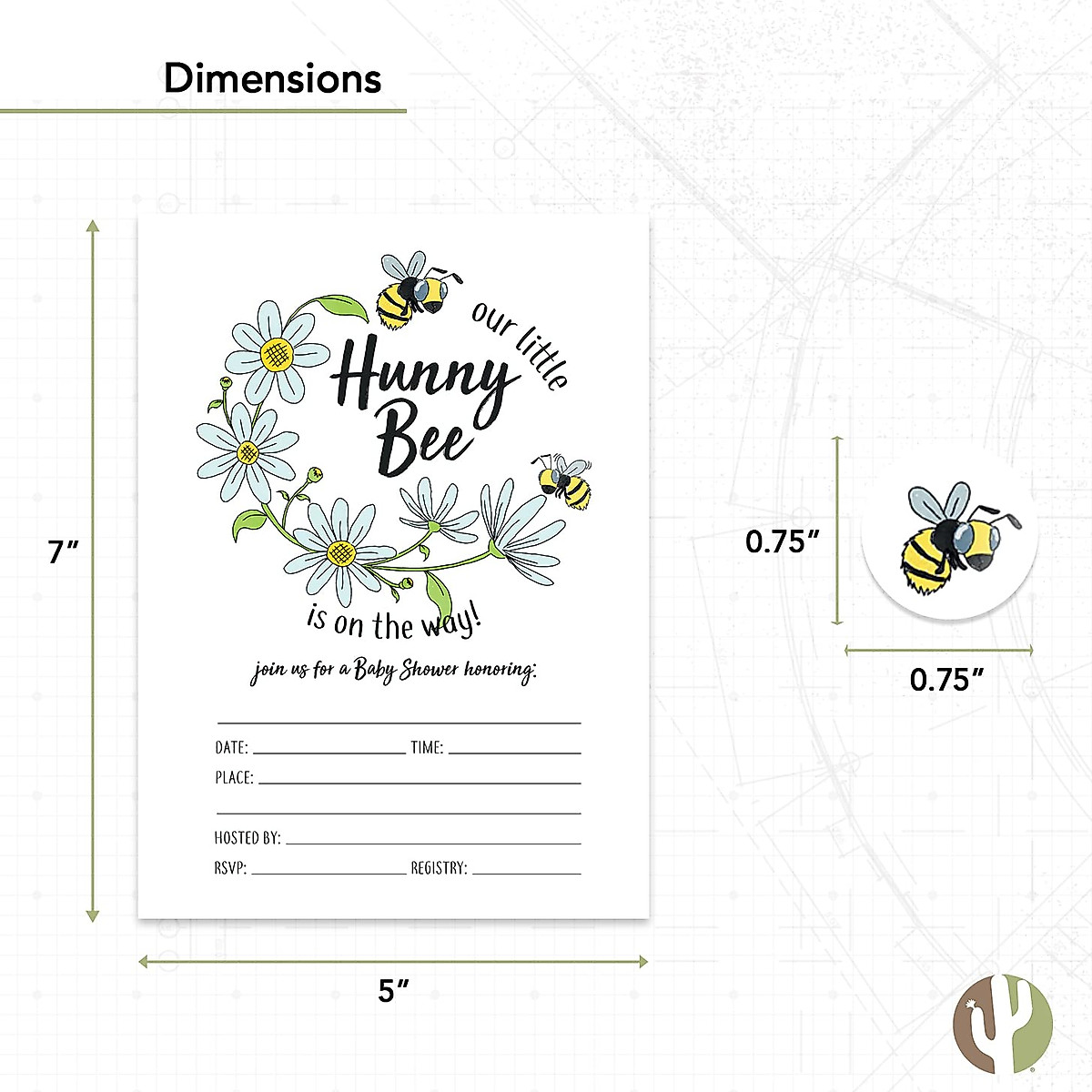 Desert Cactus Bumble Bee Baby Shower Invitations Invite Cards (25 Count) With Envelopes Girl Boy (25ct Baby) Bee 3