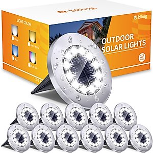 Biling Solar Outdoor Lights 12 Pack, Bright 12 LEDs Solar Ground Lights Waterproof, Flat Pathway Lights Solar Powered for Yard Walkway Garden Driveway (White)