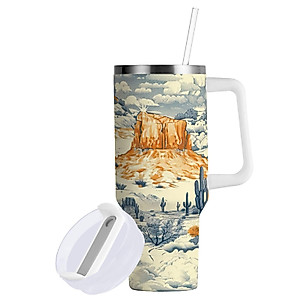 Jihqo Western Desert 40 oz Stainless Steel Vacuum Insulated Tumbler with Handle and Straw Lid, Leakproof Water Bottle Double Wall Travel Mug Coffee Cup, Cupholder Friendly