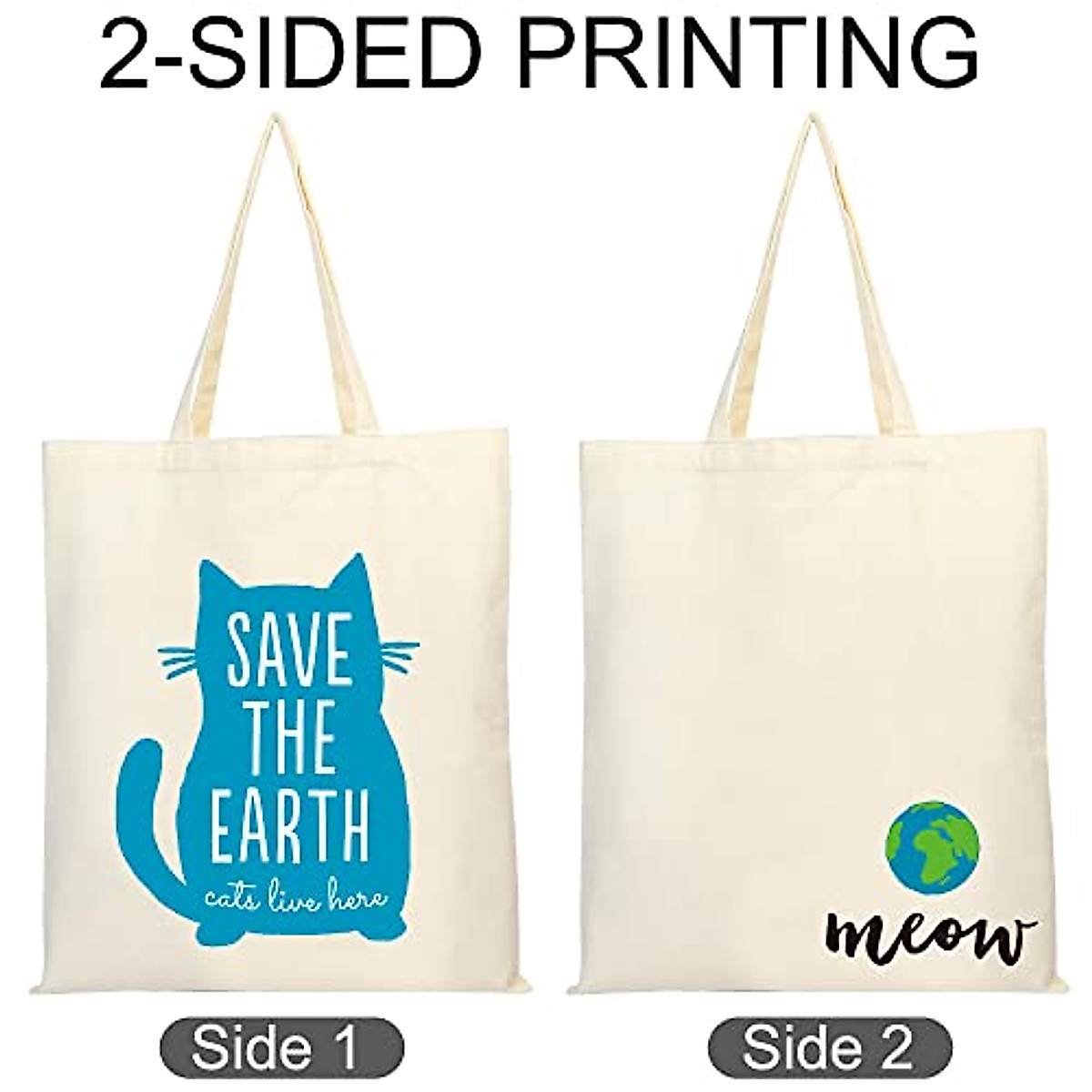 LotFancy Canvas Tote Bag for Women, Large Cute Tote Bag with Inner Pocket, Double Printed Reusable Grocery Bag for Beach School Travel, Book Tote Bags (CAT SAVE THE EARTH)