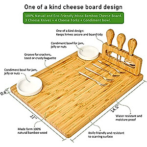 ROYAMY Bamboo Cheese Board Set with 3 Stainless Steel Knife, Meat Charcuterie Platter Serving Tray, Perfect Choice for Wedding Birthdays Christmas Anniversary Housewarming Kitchen Personalized Gift