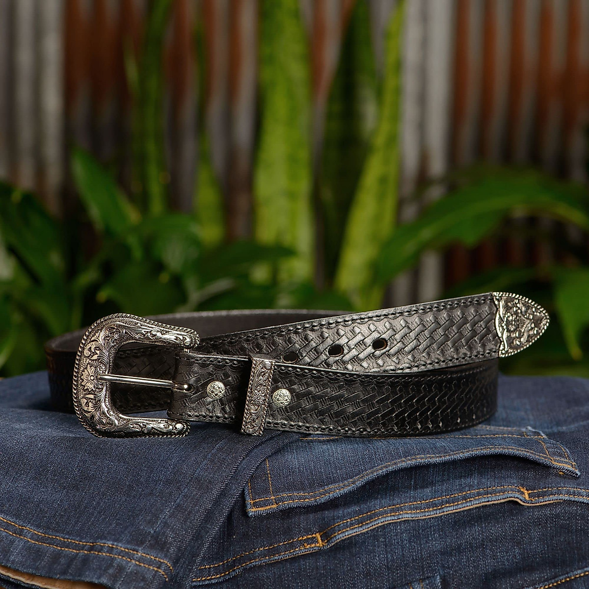 BullhideBelts.com Men's Leather Basket Weave Western Belt, 1.5” Wide, Black, 38“