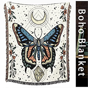 Shesyuki Boho Throw Blanket Reversible Cotton Bohemian Tapestry Hippie Room Decor Outdoor Blanket Double Sided (Month Moth White, 50"x60")