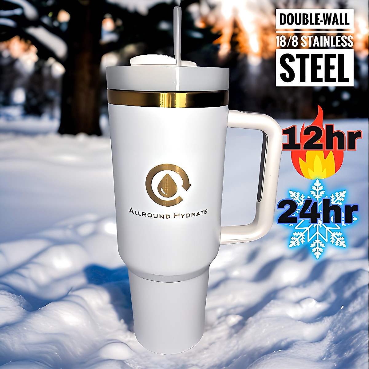 Allround Hydrate Luxury Gold plated 40oz Insulated Tumbler with Gripped Handle and straw