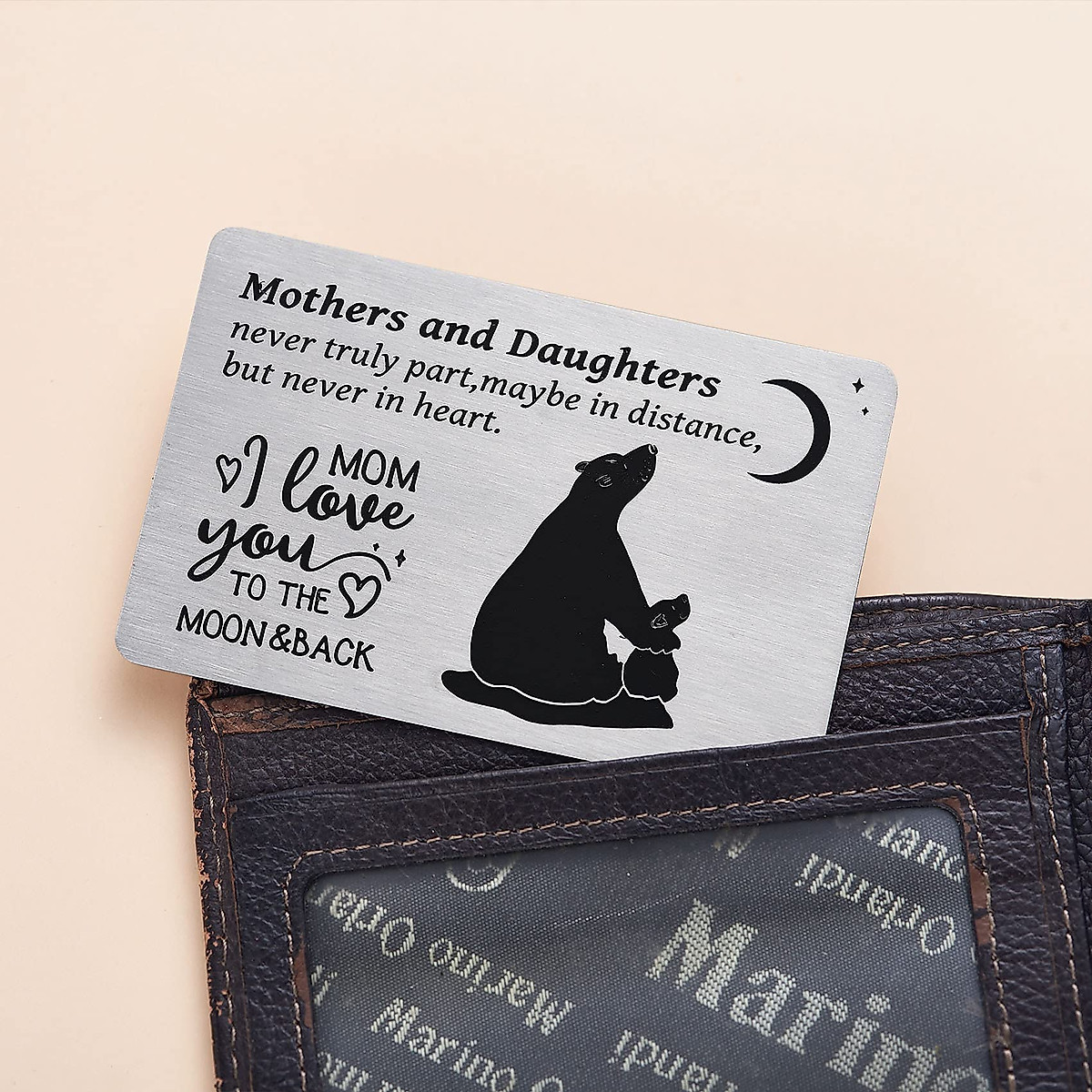 Tawdull Mom Gifts for Mothers Day from Daughter Engraved Metal Wallet Inserts Cards Mothers and Daughters Never Truly Part Gift Birthday Cards Mama Bear Present