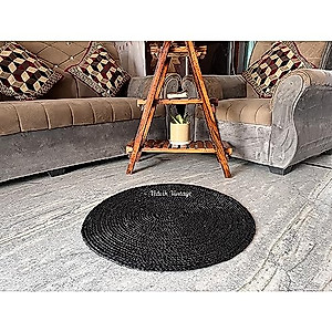VIDVIK VINTAGE 2 Ft. Black Jute Area Rug - Round Braided Rustic Rug - Vintage Woven Rug - Jute Rugs for Bedroom, Kitchen, Living Room, Farmhouse - ( 2' Round Black).