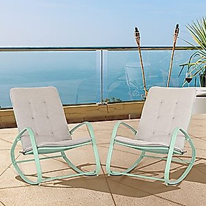 PHI VILLA Outdoor Patio Metal Rocking Chair, Padded Modern Rocker Chairs with Cushion, Support 301lbs for Porch, Deck, Balcony or Indoor Use (2PCS, Green)