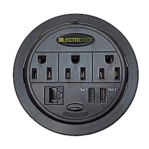 Power Tap Grommet with Hidden Power Center w/ 3 Power, 2 USB & 1 Cat5E - 2 Pack - Black