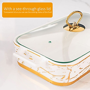 Ceramics Chafing Dish Buffet Set,Marble Finish Chafers and Buffet Warmers Sets,Food Warmer with Gold Accents,Rectangular Chafers Server with Glass Lid for Buffet Home Banquets Restaurant