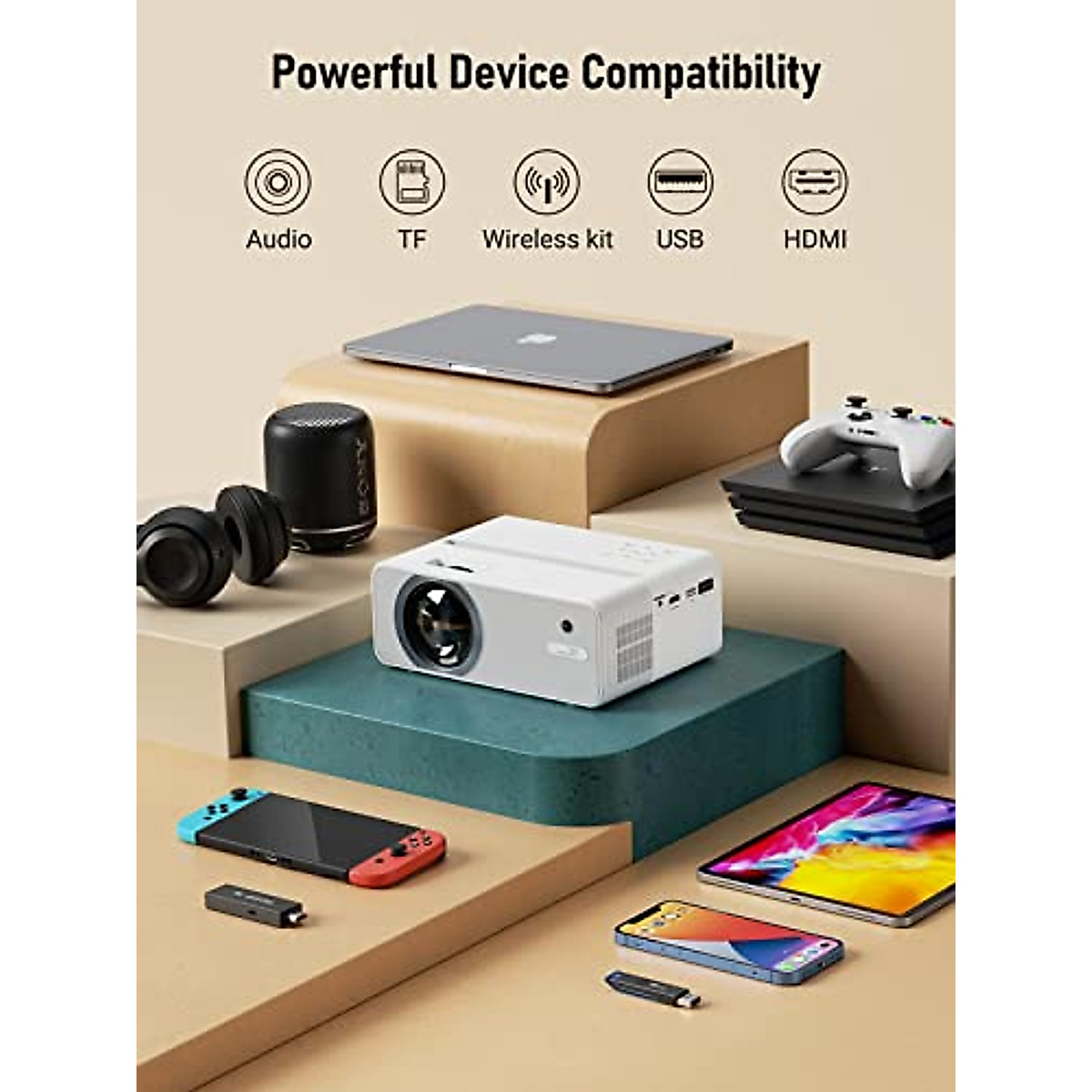 YEHUA WiFi Projector, 4K HD Outdoor Projector Mini Projector with Remote, 1080P & 160" Screen Supported, Movie Home Theater for TV Stick, Laptop,PC, iOS & Android, PS4, HDMI, USB, AUX, AV