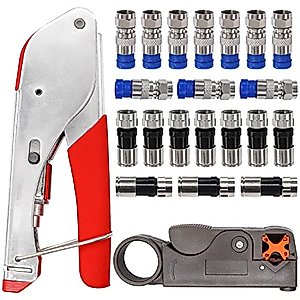 Taiss Coax Cable Crimper Tool Kit,Coaxial Cable Stripper,coax cable crimper,with 20 PCS F Style RG6 Compression connectors,RG6 Coaxial Cable Compression Tool Kit