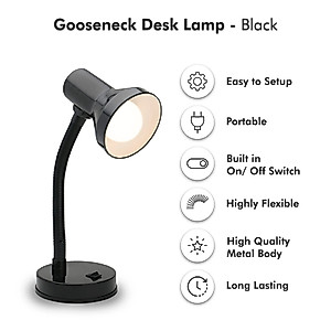 Xtricity Gooseneck Desk Lamps with Adjustable Gooseneck Arm, Metal Desk Lamp with 7W A19 LED Bulb, 120 Volt, Convenient On/Off Switch, 14" Inch Tall (36cm), Black Finish