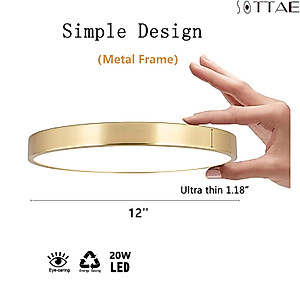 SOTTAE 12 Inch Brushed Gold Metal Flush Mount LED Ceiling Light,3000-5000K 20W Thin Round Ceiling Lamp,Modern Low Profile Ceiling Light Fixtures for Bedroom Living Room Kitchen Entryway Bathroom