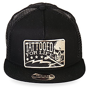Hot Leathers Mens Motorcycle Tattooed For Life Skull And Bolts Snap Back Hat, Black