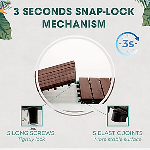 Idzo Interlocking Deck Tiles - 10PCS Waterproof Acacia Wood Patio Tiles, Flooring Tiles for Both Indoor and Outdoor - Decking Stripe Pattern, Dark Brown, 12 x 12 x 0.9 inches