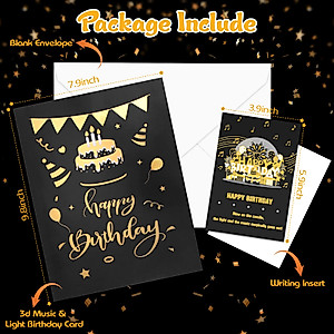 BYKOOO Birthday Card | Musical Pop Up Birthday Cards w Light | Blow Out LED Light Candle & Play Happy Birthday Music Pop Up Card | Greeting Cards Gifts for Him or Her | Black Gold (Blowable Candle)