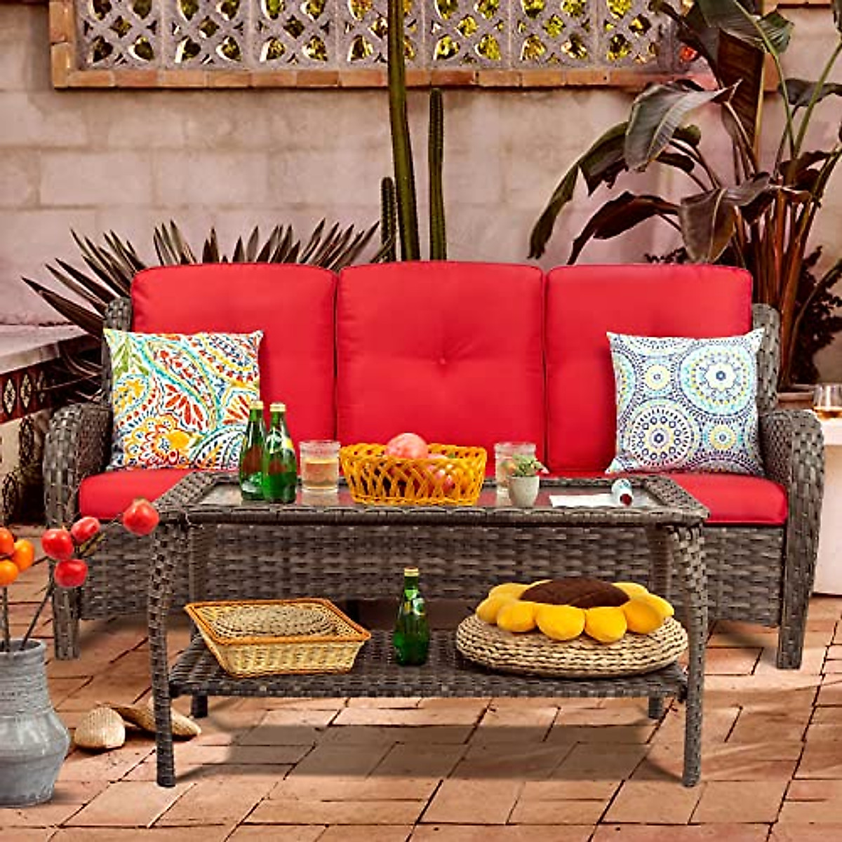 MeetLeisure Patio Furniture Set 2-Piece Wicker Outdoor Furniture Conversational Sets with 3-Seat Sofa, Patio Rattan Coffee Table Patio Rattan Wicker Sectional Sofa Set with Olefin Cushions, RED