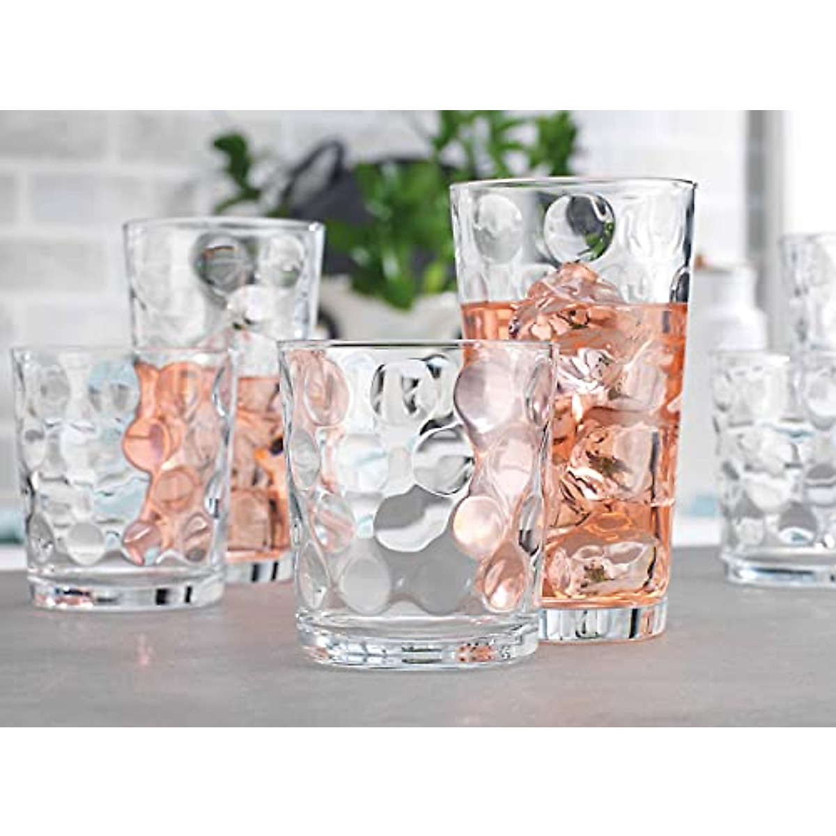 Home Essentials & Beyond Drinking Glasses Set Of 16 8 Highball Glasses (17 oz.), 8 Rocks Whiskey Glass cups (13 oz.), Inner Circular Lensed Glass Cups for Water, Juice and Cocktails.