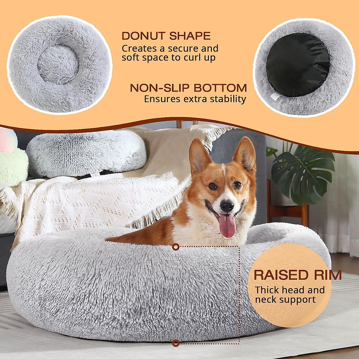 JOLLYVOGUE Calming Donut Dog Bed & Cat Bed, Anti-Anxiety Washable Round Bed, Fluffy Dog Cuddler Bed, Cozy Dog Cat Cushion Bed for Small Puppy (20")