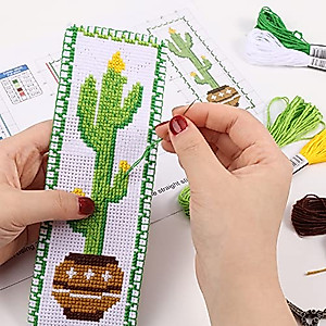 Caydo 3 PCS Cross Stitch Bookmark Kits, Stamped Embroidery Bookmark Kit for Kids Adults Beginner, DIY Counted Crossstitch Christmas Gift for Book Lovers(Green Plants)